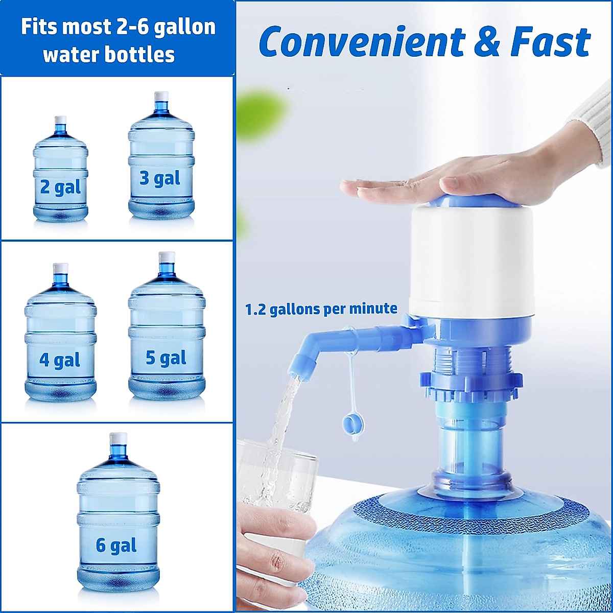 Blue Portable Manual Water Pump for 5 Gallon Bottle, Water Jug Dispenser Bottle Pump Drinking Water Pump with an Extra Short Tube and Cap, Hand Press Water Cooler Dispenser for 2-6 Gallon