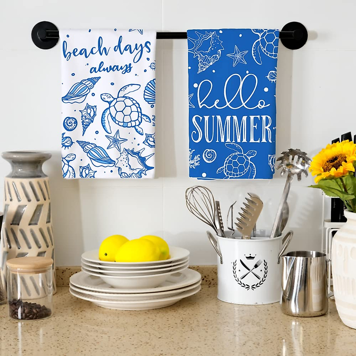 GEEORY Kitchen Towels for Summer Decor Beach Ocean Dish Towels 18x26 Inch Ultra Absorbent Bar Drying Cloth Hand Towel for Kitchen Bathroom Party Home Decorations Set of 2