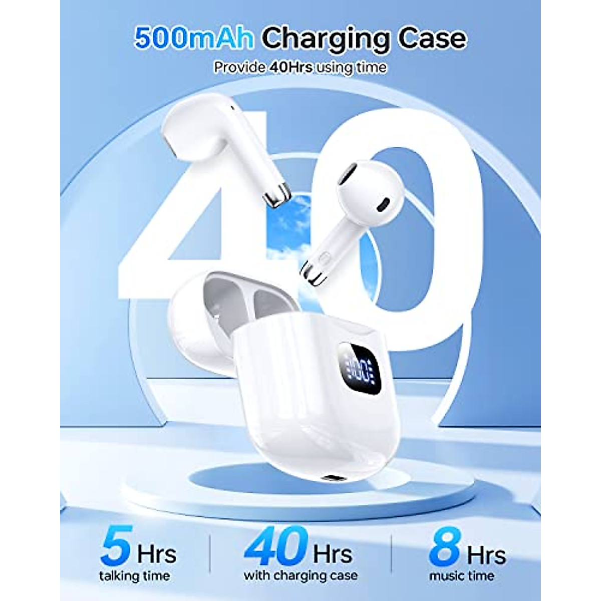 KTGEE Wireless Earbuds, Bluetooth 5.3 Headphones 40Hrs Playtime with Charging Case, IPX5 Waterproof Stereo in-Ear Earphones with Microphone for iPhone Android Cell Phone Sports Workout Gaming, White