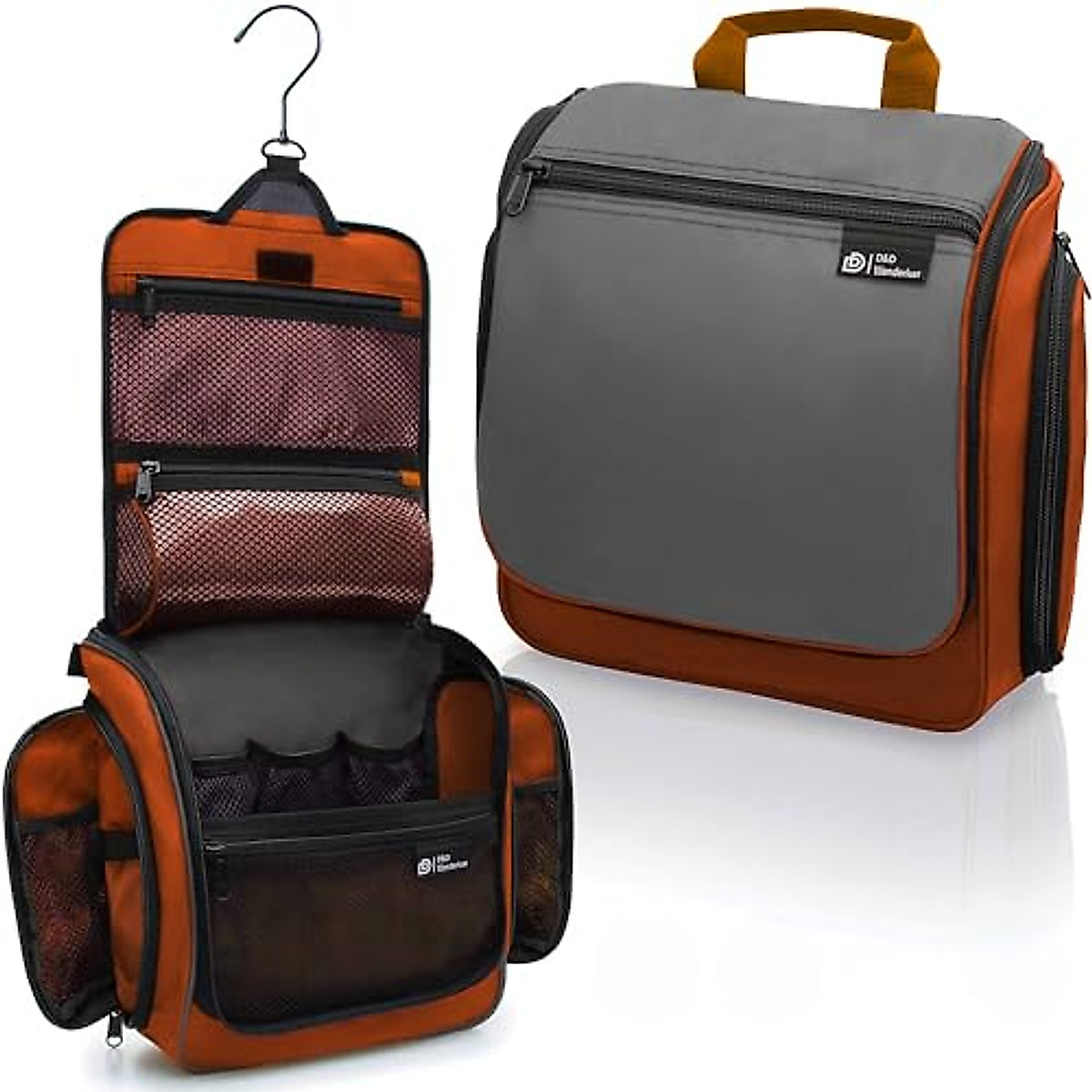 D&D Hanging Travel Toiletry Bag for Men and Women – Cosmetics, Makeup and Toiletries Organizer Kit with 10 Compartments, YKK Zippers, XXL Metal Swivel Hook, Water-Resistant Nylon