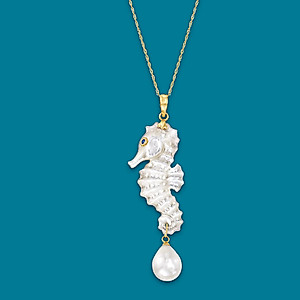 Ross-Simons Mother-Of-Pearl Seahorse Pendant With 9mm Cultured Pearl in 14kt Yellow Gold