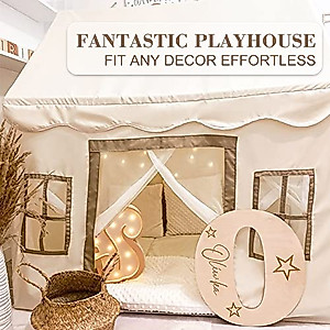Large Kids Play Tent with Windows, Tassels, Star Light & Padded Mat Kids Tent Playhouse for Kids Indoor & Outdoor Bed Tent for Toddler Toys for Boys Girls Neutral Play Room Furniture, Beige
