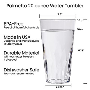 US Acrylic Palmetto 20 ounce Plastic Stackable Water Tumblers in Clear | Lightweight Value Set of 16 Drinking Cups | Reusable, BPA-free, Made in the USA, Top-rack Dishwasher Safe
