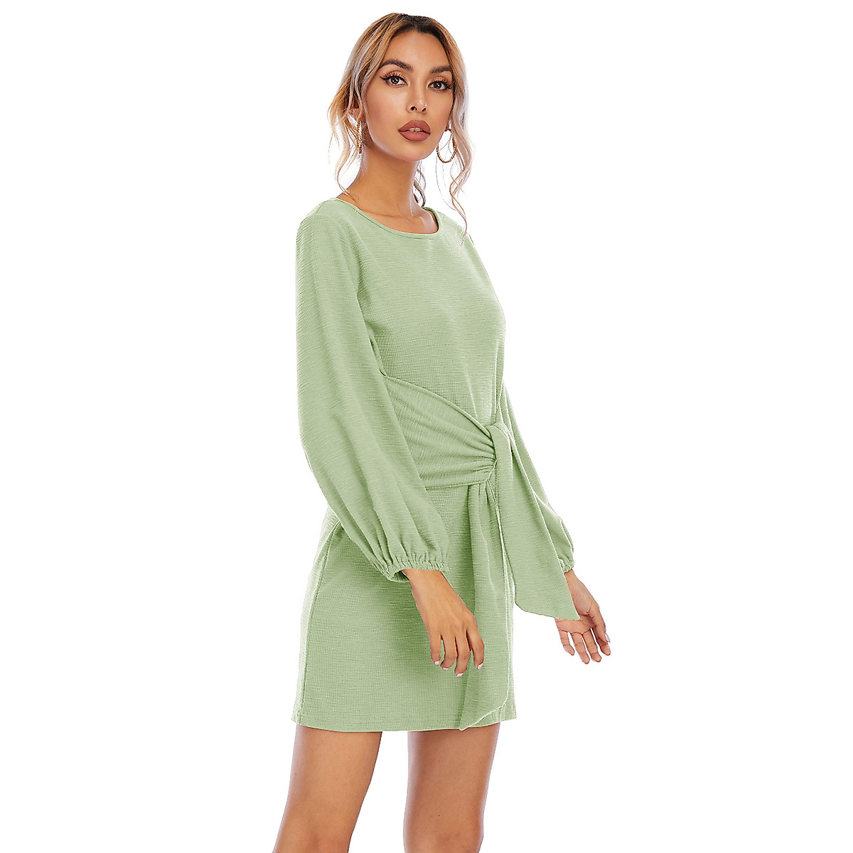 R.Vivimos Women's Autumn Winter Cotton Long Sleeves Elegant Knitted Bodycon Tie Waist Sweater Pencil Dress (XL, Light Green)