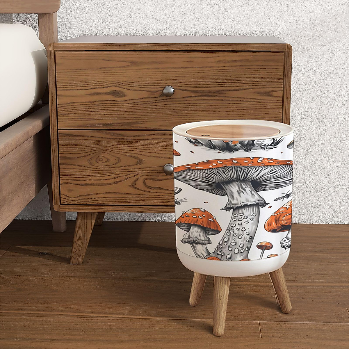 PHAIBHKERP Trash Can with Lid 70s Retro Aesthetic Mushroom Seamless Pattern Garbage Can Round Waste Bin Press Cover Dog Proof Wastebasket for Kitchen Bathroom Living Room Nursery 1.8gal