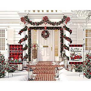 2 Pieces Christmas Garden Flags Christmas Decorations Outdoor Buffalo Check Plaid Truck Flag Double Sided Christmas Flags Xmas Outdoor Flag Winter Flag for Holiday Home Decoration, 18 x 12 Inches