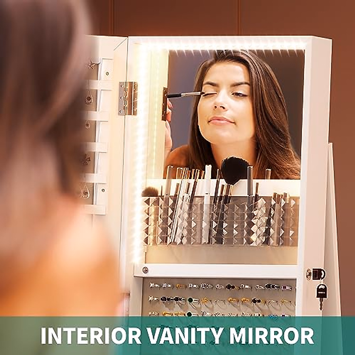 YITAHOME Mirror Jewelry Cabinet with Lights Standing Jewelry Armoire Storage Rotatable Full Length Mirror Jewelry Organizer Lockable Jewelry Armoire with Wheels for Bedroom, Cloakroom, White