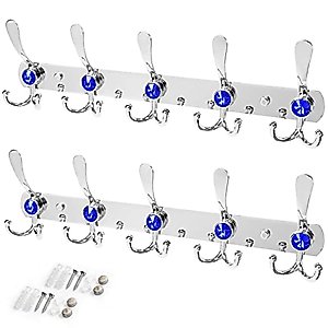 2 Pack Coat Hooks Wall Mounted – Premium Stainless Steel 5, Tri-Wall Hooks for Hanging Coats & Towels with Embedded Blue Jems – Heavy Duty Closet Hooks for Hanging Clothes, Robes, Hats (Silver)