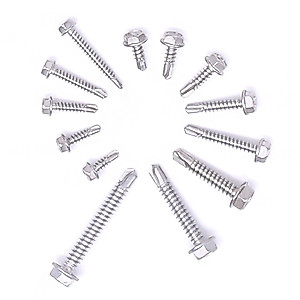 Hilitchi 295 Pieces #8 / #10 / #14 Stainless Hex Washer Head Self Drilling Sheet Metal Tek Screws with Drill Point (1/2'' to 2'' Size Inside Plastic Box)