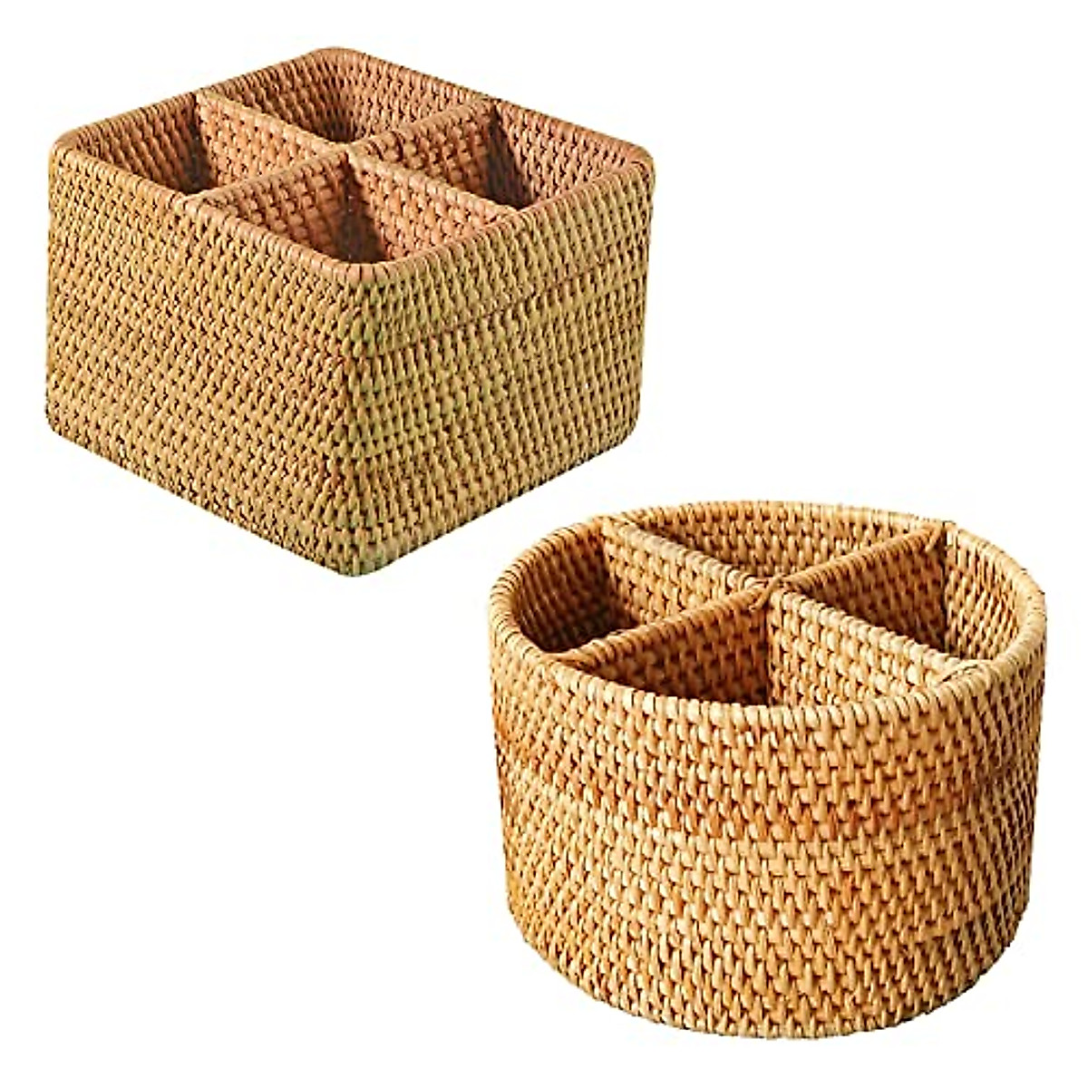 2packs Handweaved Rattan Four Divider Box Without Lid | 4 Compartments Storage Box Cosmetics Organizer Utensil and Bottle Serving Basket | 1Pack Round and 1Pack Squre Rattan Divider Storage Holders