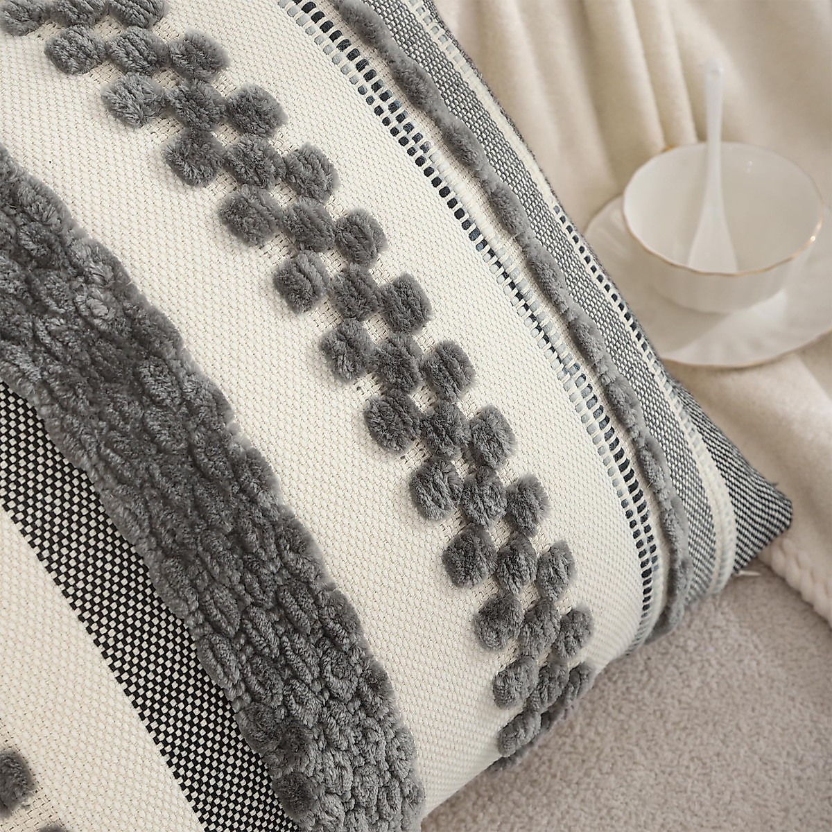 Tosleo Boho Pillow Covers 18x18 Inch Set of 2 Gray Striped Chenille Throw Pillow Covers Square Decorative Pillowcases for Sofa Couch Bed Living Room Farmhouse Decor