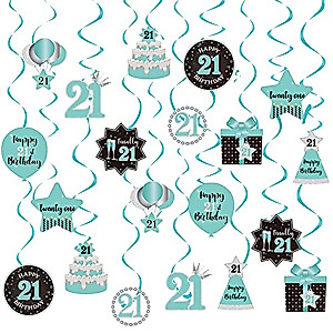 Happy 21st Birthday Party Hanging Swirls Streams Ceiling Decorations, Celebration 21st Foil Hanging Swirls with Cutouts for 21 Years Teal Silver Black Blue Birthday Party Decorations Supplies