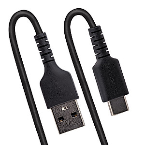 StarTech.com 3ft (1m) USB A to C Charging Cable, Coiled Heavy Duty Fast Charge & Sync USB-C Cable, USB 2.0 A to Type-C Cable, Rugged Aramid Fiber, Durable Male to Male USB, Black (R2ACC-1M-USB-CABLE)