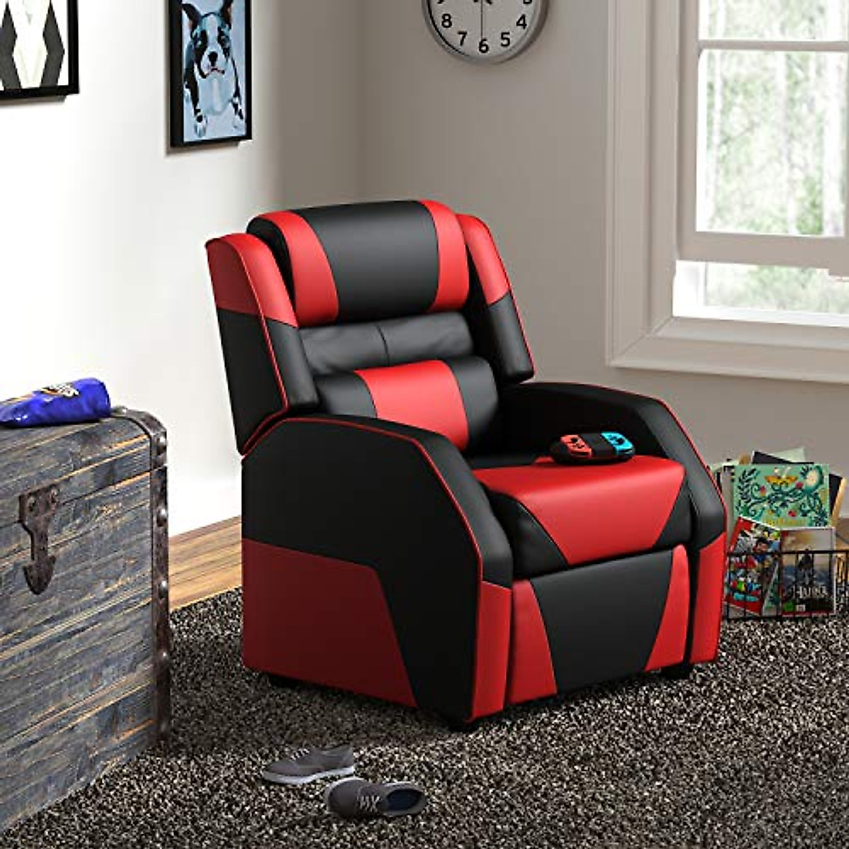 Amazon Basics Kids/Youth Gaming Recliner with Headrest and Back Pillow, Ages 3+, Black/Red