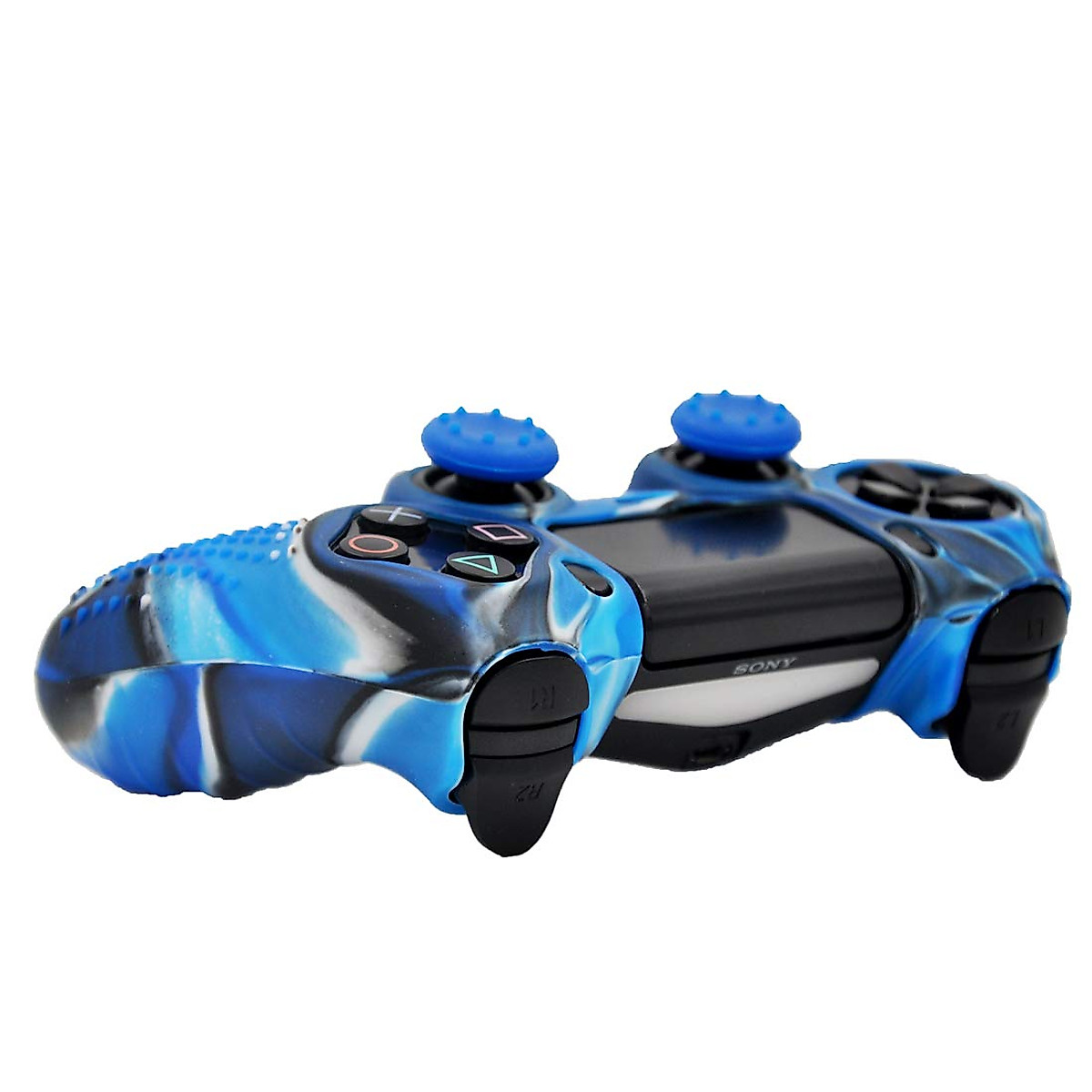 SKINOWN Silicone Case Anti-Slip Protective Grip Cover for PS4 Controller with 4 Thumb Grips(Blue Camo)