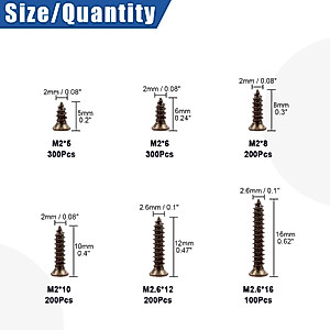 Glarks 1300Pcs 5mm 6mm 7mm 8mm 10mm Small Tiny Nails Wood Screws Set Bronze Self Drilling Flat Cross Head Screws Assortment Kit for Home Furniture Decor (Bronze)