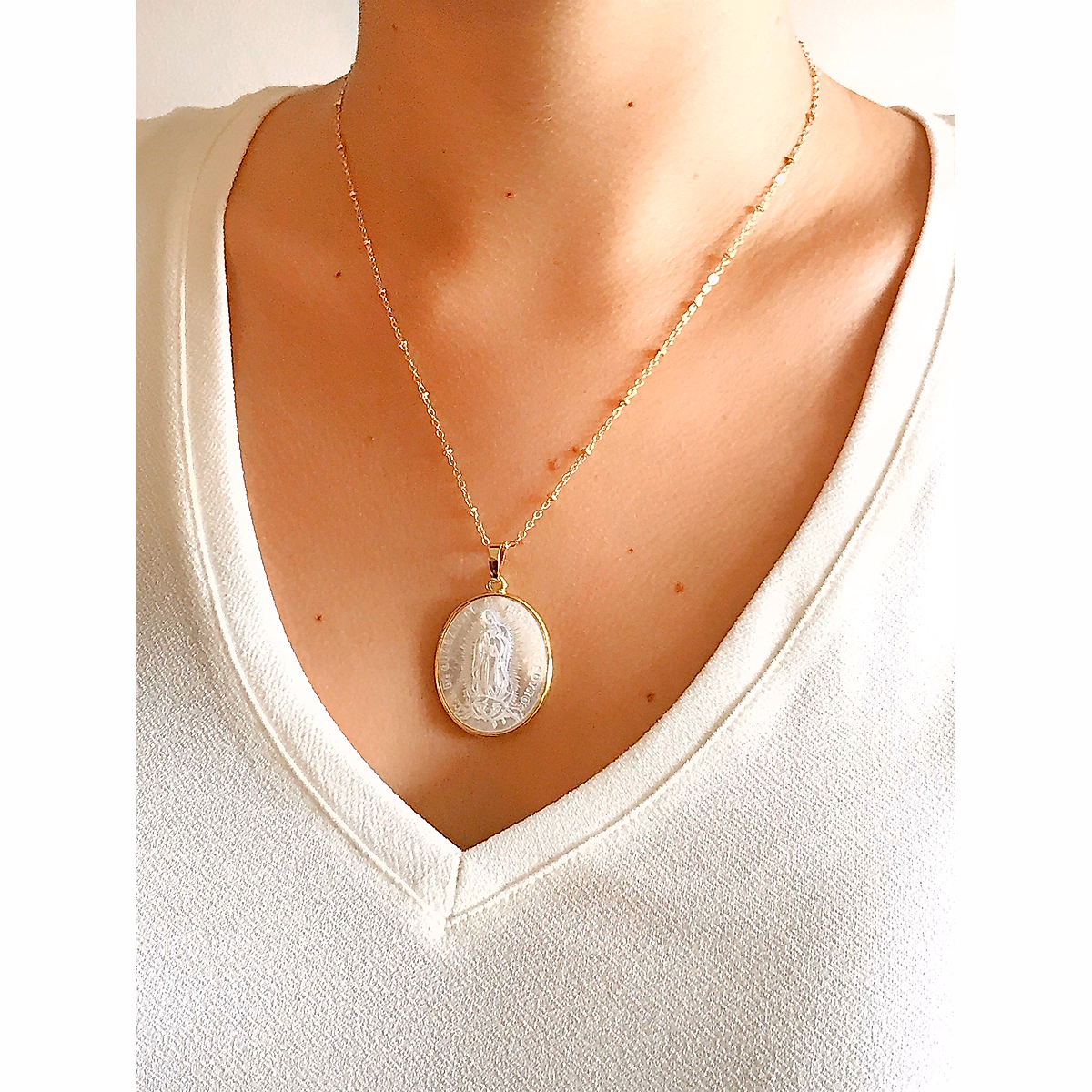 LESLIE BOULES Mother of Pearl Guadalupe Medal Pendant Necklace for Women 18K Gold Plated Chain
