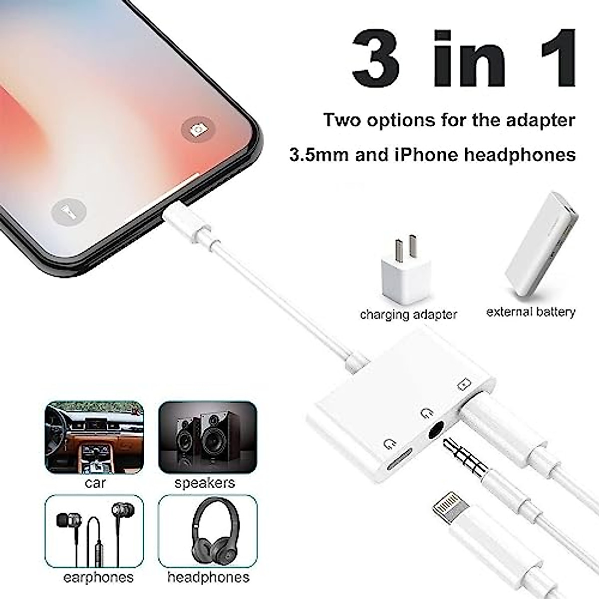 Lightning to Headphone Adapter for iPhone, Apple MFi Certified 3 in 1 Lightning to 3.5mm Headphone Jack and Charger Dongle Earphone Splitter Compatible with iPhone 14 13 12 11 XS XR X 8 7 iPad