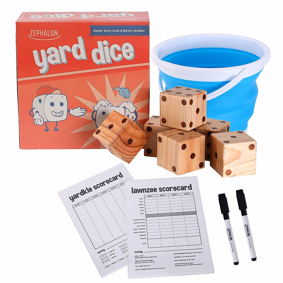 Giant Wooden Yard Dice Set for Lawn Games, Play Lawnzee or Yardkle, Includes Dice, Collapsible Bucket, Reusable Scorecards and Dry Erase Markers