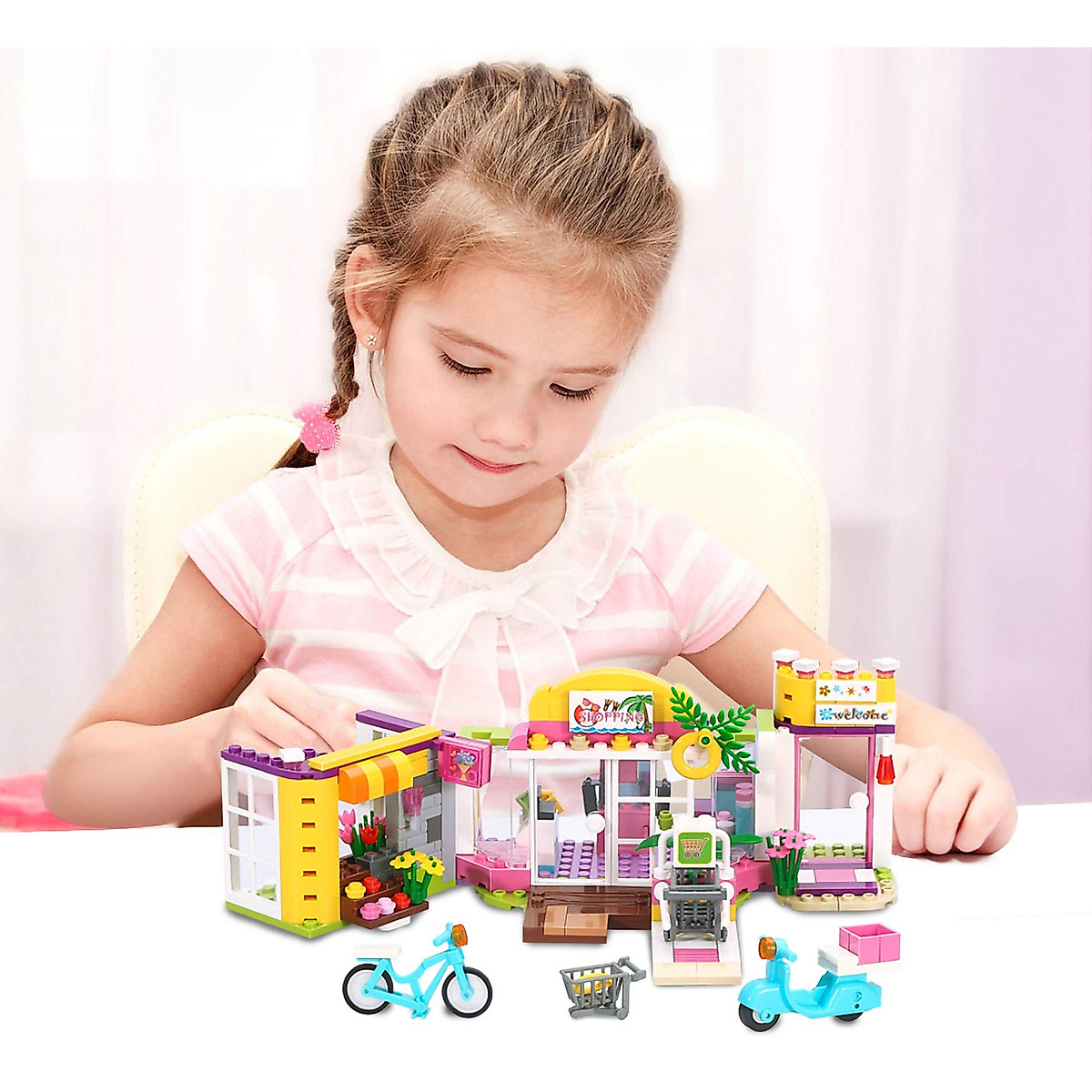 BRICK STORY Girls Friends Supermarket Building Set 376 PCS, Seaside Grocery Store Flower Shop Building Kit, Beach Shopping Mall Toy Educational Building Blocks Gift for Kids Ages 6-12