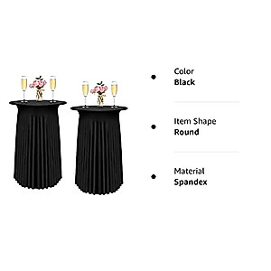 Juexica Cocktail Table Cover Round Cocktail Tablecloth with Skirt 32x43 Inch Spandex Tablecloth Fitted Table Covers Table Cloth for High Top Wedding Birthday Banquet Party (Black, 2 Pieces)