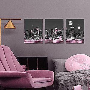 Sycdeor Romantic Black and Pink New York City Night Scenes Canvas Wall Art- Modern Cityscape Sailboat Building Prints Painting for Living Bedroom Home Decor 3Panels Each 12"x16"