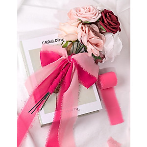 Sifleur Chiffon Ribbon, Hot Pink Pastel Pink 1.5''x21Yd Frayed Fringe Silk Ribbon for Gift Wrapping, Handmade Ribbons for Floral Vase, Halloween, Wedding, Birthday, Engagement, Bridal Shower, 3 Rolls