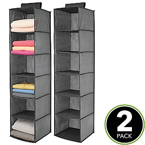 mDesign Long Soft Fabric Over Closet Rod Hanging Storage Organizer with 6 Shelves for Clothes, Leggings, Lingerie, T Shirts - Textured Print with Solid Trim - 2 Pack - Charcoal Gray/Black