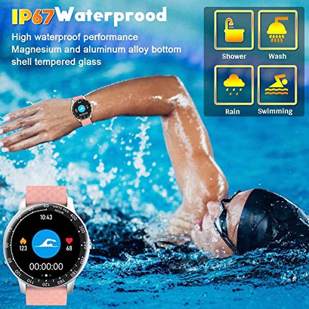 Peakfun Smart Watch with Heart Rate Blood Pressure Monitor IP67 Waterproof Bluetooth Smartwatch Smart Sports Activity Tracker Watch for Men Women Kids Android iOS Phones Pink