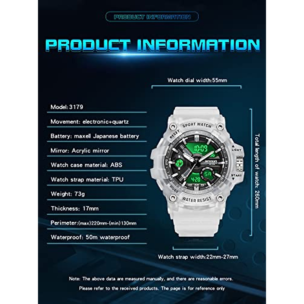 KXAITO Men's Analog Sports Watch Military Watch Outdoor LED Stopwatch Digital Electronic Large Dual Display Waterproof Tactical Army Wrist Watches for Men 3179 (Translucent White)