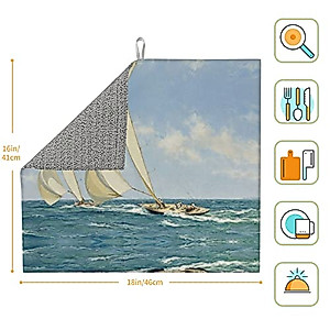 Sailboat Ship Landscape Printed Drying Mat For Kitchen Ultra Absorbent Microfiber Dishes Drainer Mats Non-Slip Silicone Quick Dry Pad - 18 X 16inch
