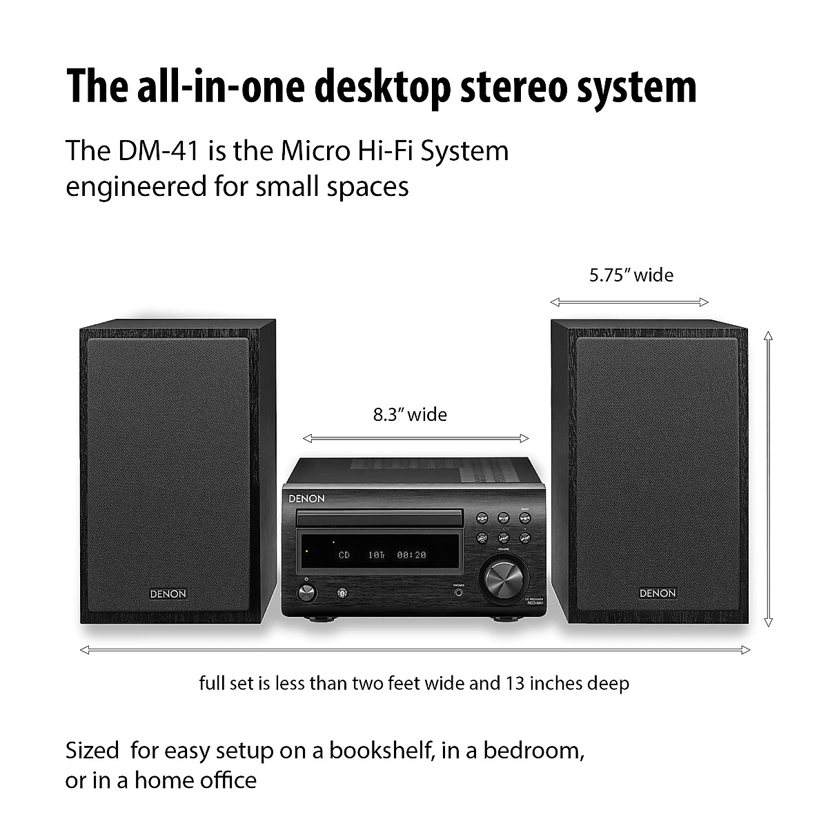 Denon D-M41 Home Theater Mini Amplifier and Bookshelf Speaker Pair - Compact HiFi Stereo System with CD, FM/AM Tuner and Wireless Bluetooth Music | Perfect for Small Rooms and Home Cinema