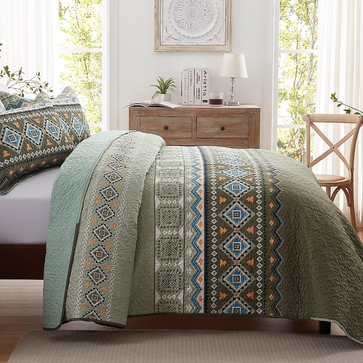 LEAONME Quilt Set Full/Queen Size 3 Piece Bedspread Coverlet Lightweight Comforter Microfiber Bedding Set for All Season Oversized 90x98 Inch Bed Cover Bohemian Olive Green(1 Quilt,2 Pillow Shams)