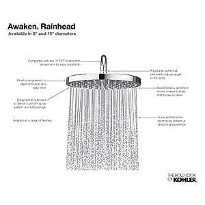 KOHLER 76465-G-BL Awaken 10 Inch Single-Function Rain Shower Head, 10" Fixed Round Rainfall Showerhead, 1.75 GPM, Matte Black