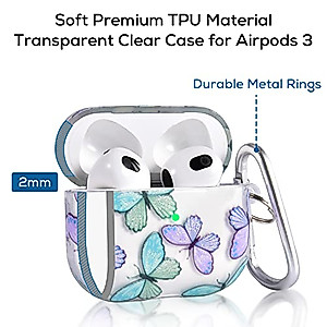V.R.HOPE Compatible with AirPods 3rd Generation Case for Women Girls, Clear Flower AirPods 3 Case Cover with Keychain Hard Cute Skin for Apple Air Pods Gen 3, Butterfly