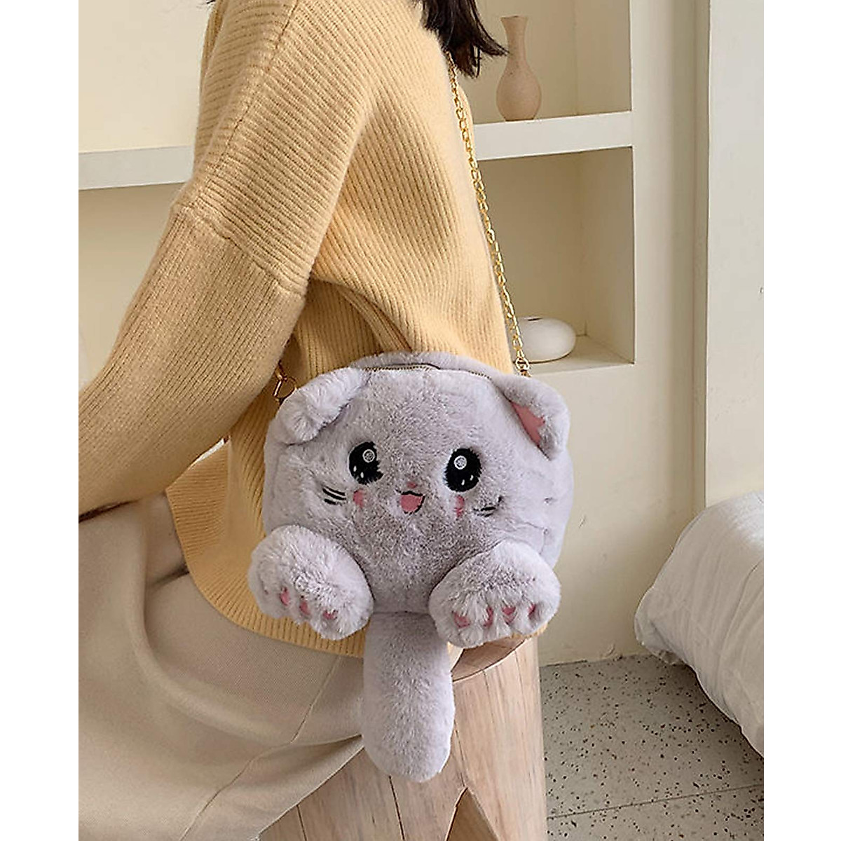 QZUnique Women Cat Animal Shoulder Bag Messenger Bags Faux Fur Handbag Chain Cartoon Crossbody Handbags