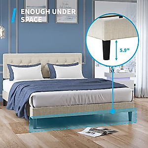 Mjkone Queen Size Bed Frame with Adjustable Headboard,Platform Bed Frame with Button Tufted Linen Fabric,Upholstered Bed with Strong Metal Frame/Wood Slats Support,Easy Assembly-Beige
