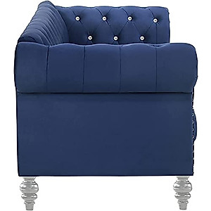 New Classic Furniture Glam Emma Velvet Three Seater Chesterfield Style Sofa for Small Spaces with Crystal Button Tufts, Royal Blue