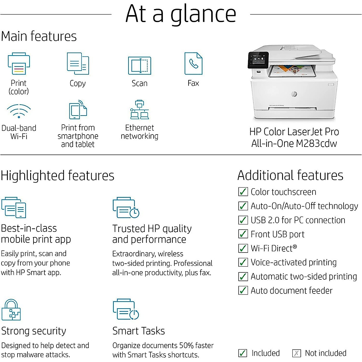 HP Laserjet Pro MFP M283cdw Wireless Ethernet All-in-One Color Laser Printer, White - Print Scan Copy Fax - 22 ppm, 2.7" Display, 600 x 600 dpi, 8.5 x 14, 50-Sheet ADF, Auto Duplex Printing