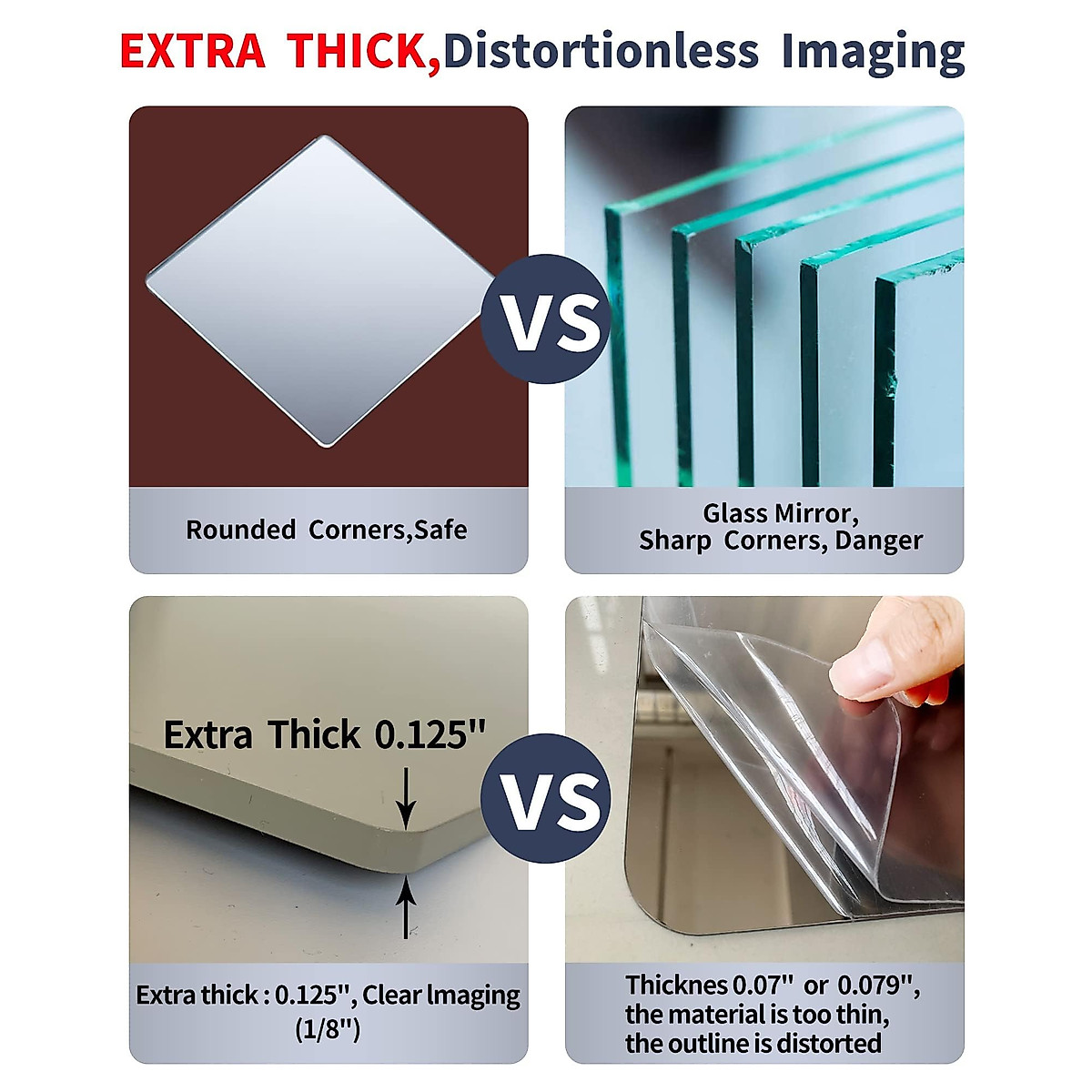 canhard Unbreakable Wall Mirror Tiles, Shatterproof, 1/8" Thick, 8"x8", Modern, Silver Frame, Wall Mount, Kids Room, Bedroom, Closet