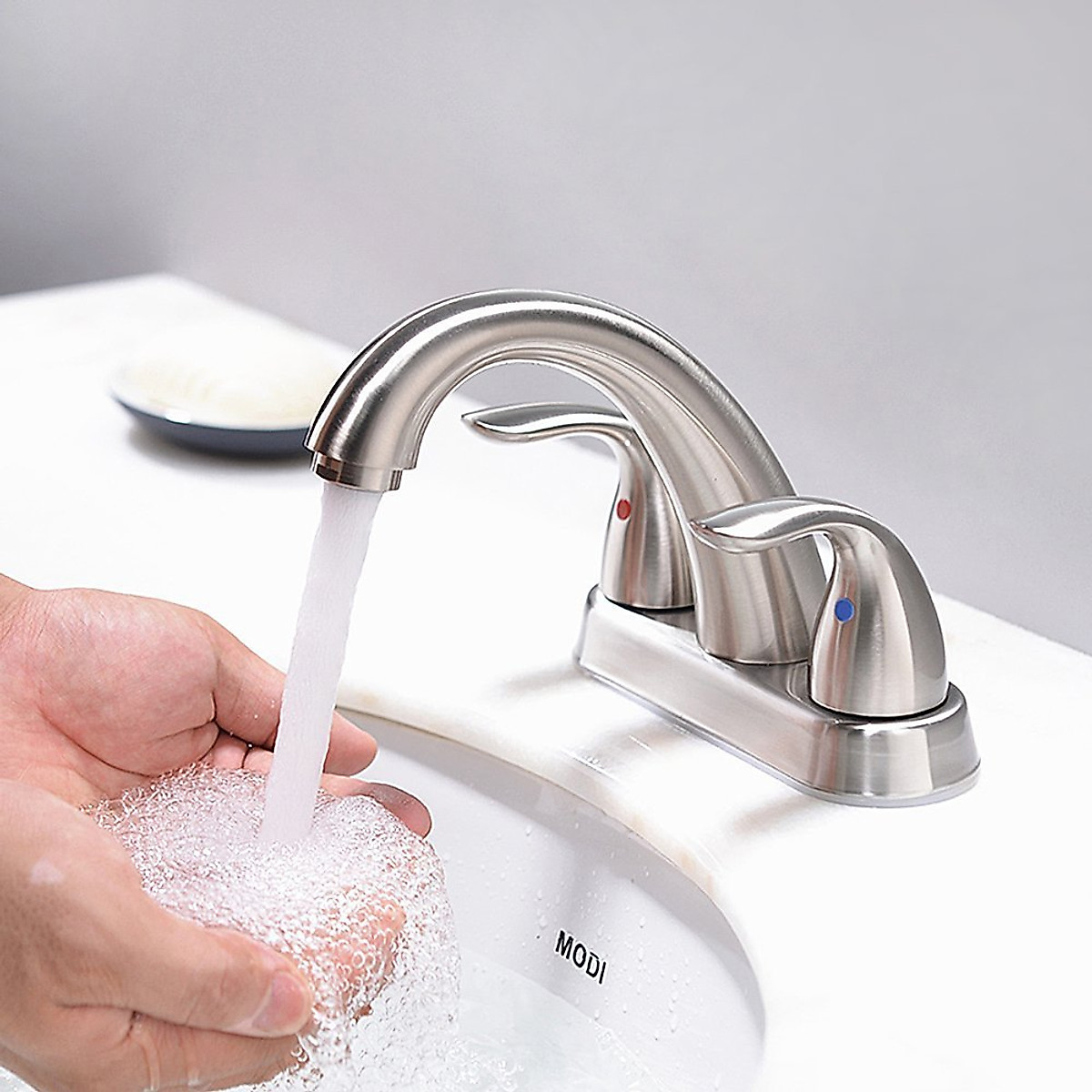 Phiestina Centerset 4 Inch Brushed Nickel 2 or 3 Holes Stainless Steel Bathroom Sink Faucet, 2 Handle Bathroom Faucet with Copper Pop Up Drain and Water Supply Lines, BF008-5-BN