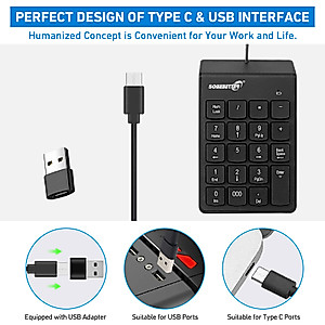 Huifen Type C Number Pad, USB Numeric Keypad 19 Keys Plug & Play Financial Accounting Numpad Office Home Portable Mini Keypad Slim Number Keyboard for Laptop Phone PC Tablet Notebook (Black)