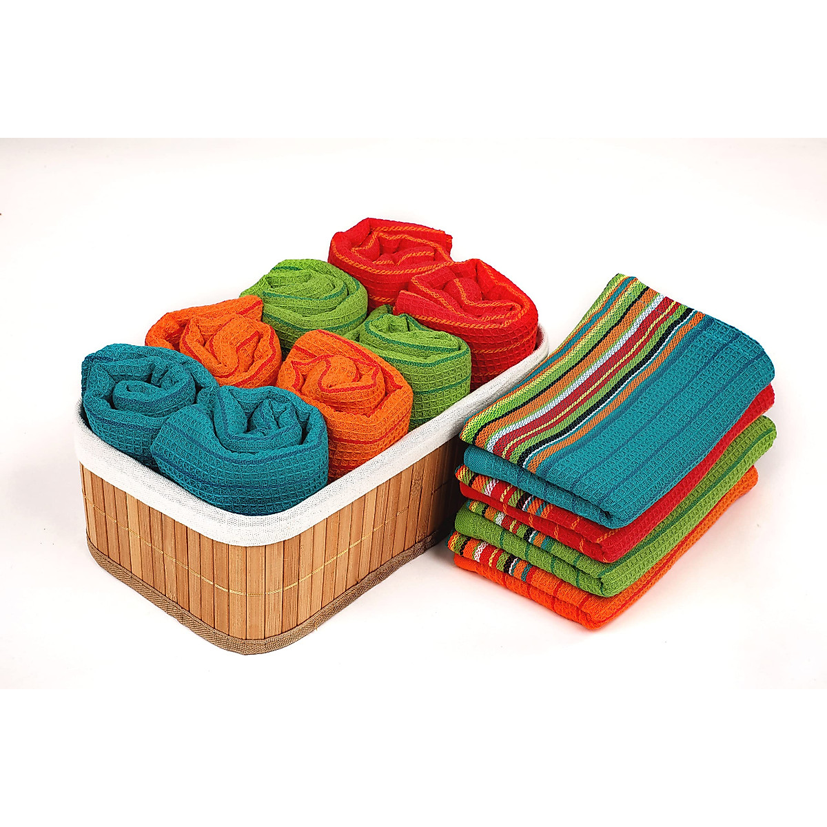 Kitchen Dish Towels Salsa Stripe - 100% Natural Absorbent Cotton Salsa Towels (28 x 16 inches) Festive Red, Orange, Green and Blue, 12-Pack