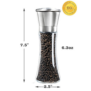 2 PCS Salt and Pepper Grinders Glass Mills Brushed Stainless Steel with Adjustable Ceramic Rotor