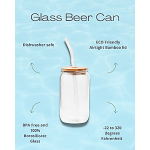 4 Pack Crystal Clear Beer Glass Can with Bamboo Lids Glass Straw and Brush Cleaner- Reusable Eco Friendly Heat and Cold Resistant Glass, Cocktail, Tumbler, Beer Glass