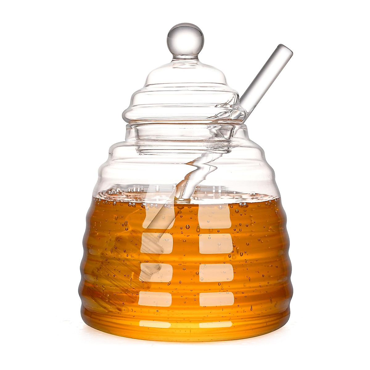 SlZKADY 15.5 Oz Honey Pot with Dipper and Lid,Glass Honey Jar,Honey Dispenser,Clear Glass Honey Container for Home Kitchen,Store Honey and Syrup,Easy to Clean