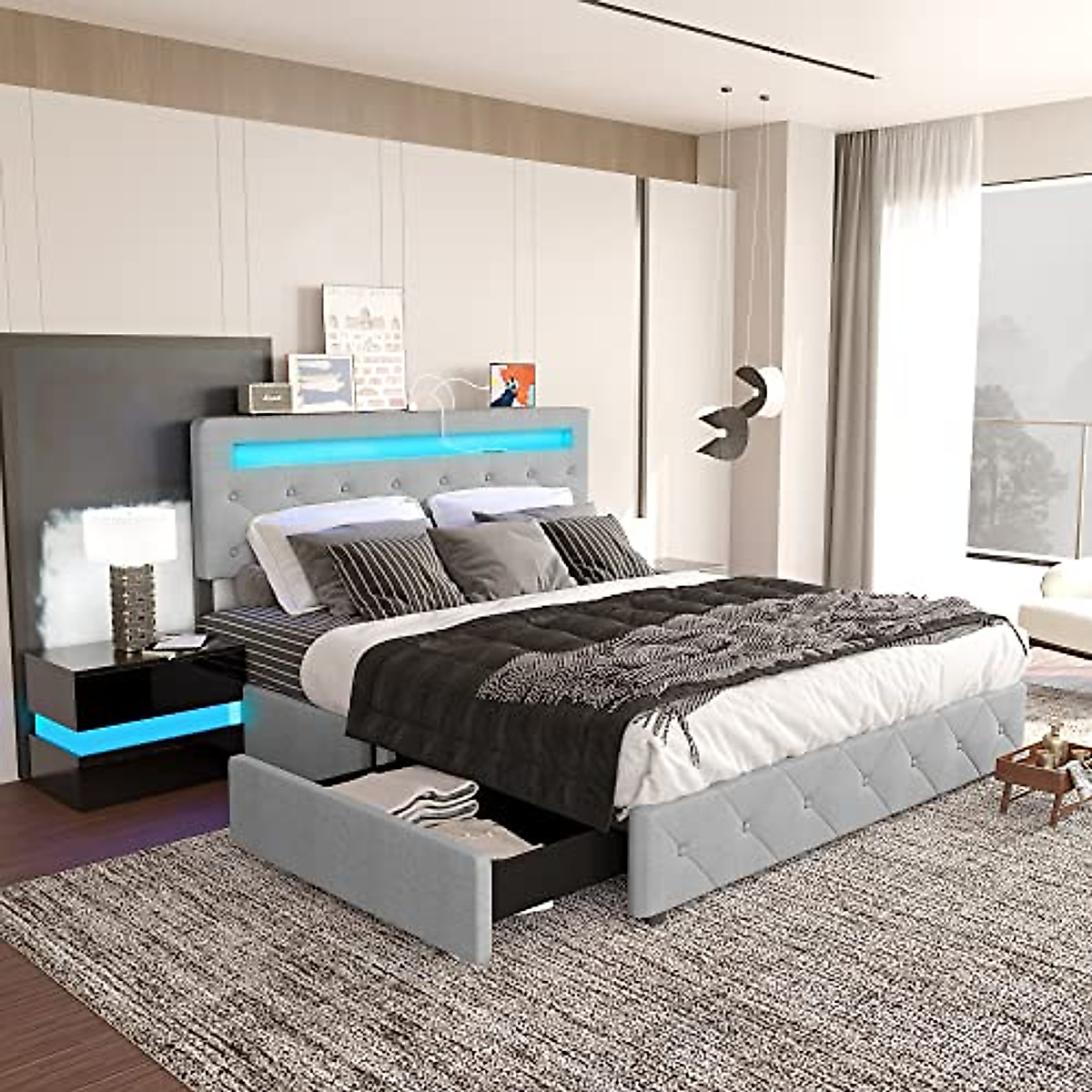 HOMFAMILIA Queen Bed Frame with Headboard and Drawers, LED Bed Frame with Adjustable Storage & LED Lights Headboard, Upholstered Platform Bed with 2 USB Ports, No Box Spring Needed, Light Grey