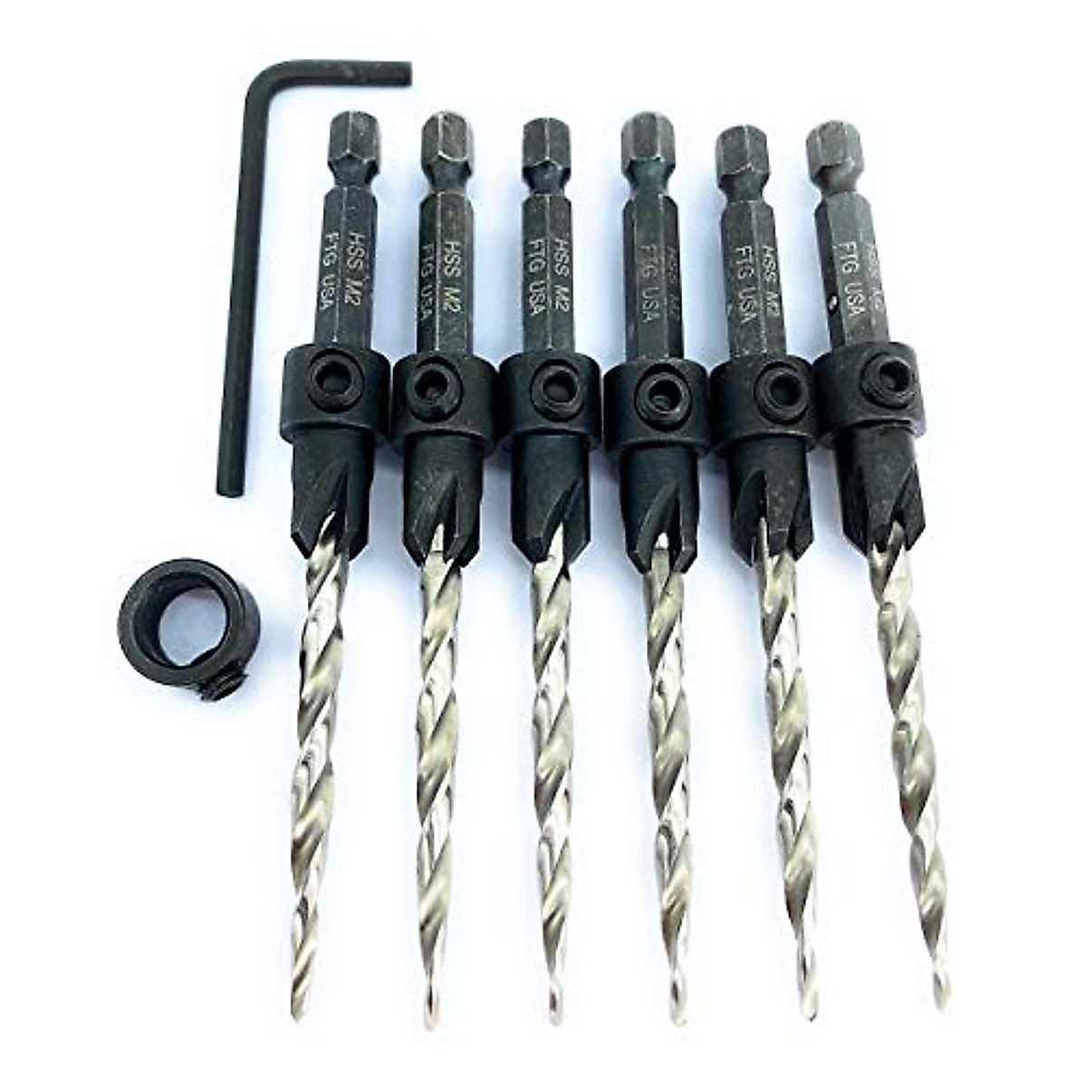 FTG Maximum Torque 6 Piece Same Size #10 (3/16") Pro Pack Countersink Drill Bit Set with 1 Depth Stop Collar 3/8" and 1 Hex Wrench plus 3 Piece Replacement Countersink Drill Bit Only with 1 Hex Wrench