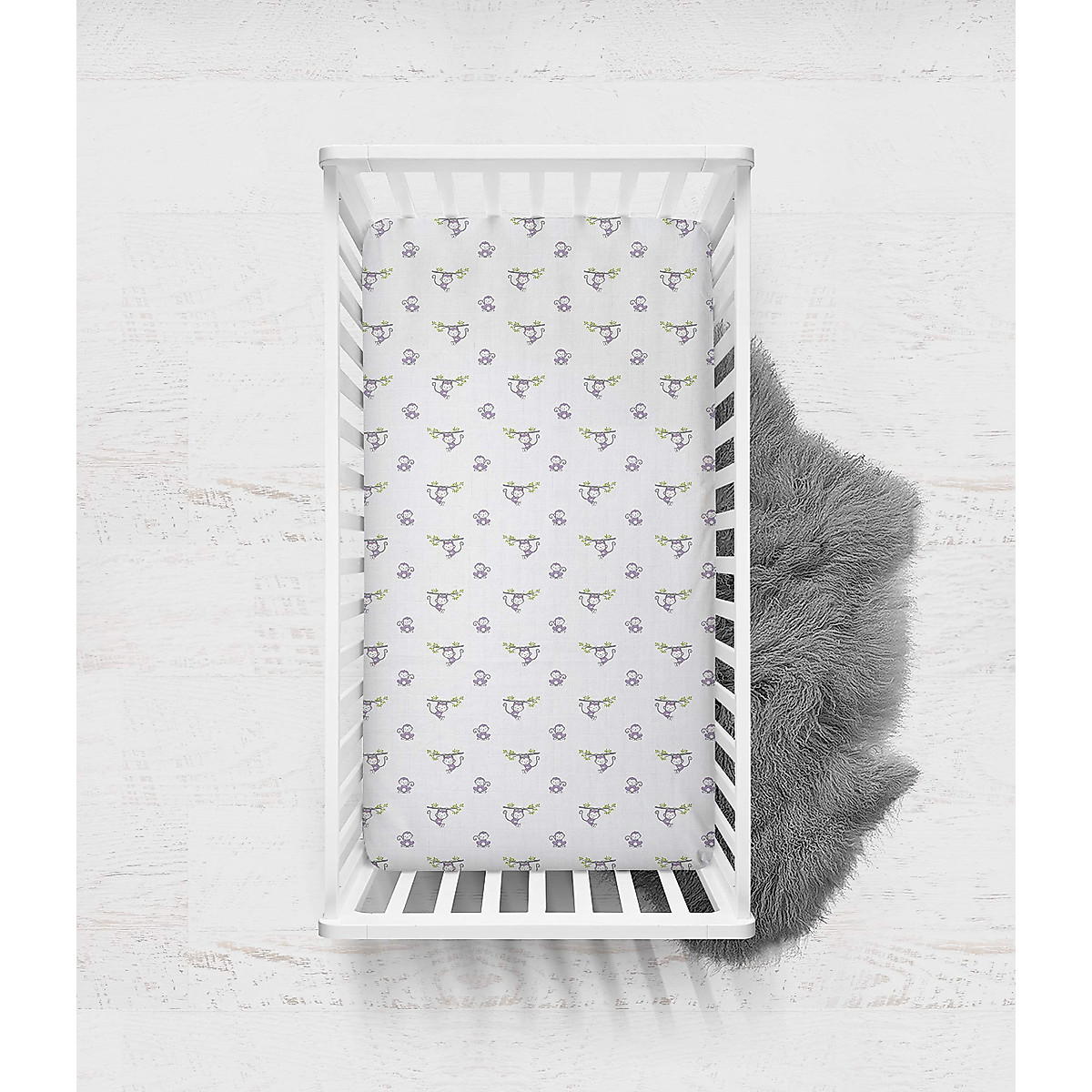 Bacati - Happy Monkeys 2 Pack Essentials Classic Super Soft Breathable 100% Cotton Muslin Baby Crib Fitted Sheets - Fits Standard 28 x 52 x 5 Crib & Toddler Mattresses (Lilac/Grey Girls)