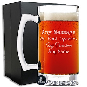 Personalized Etched Custom Message 25oz Glass Beer Mug, Your Text Here, Customized Engraved Groomsmen Gifts, Custom Beer Gifts for Men, Birthday Gifts for Him, Regalos Personalizados para Hombre